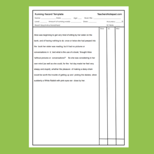 Running Record Template Teacher S Notepad